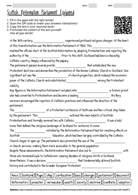 Worksheet with the topic "Scottish Reformation Parliament Explained ...