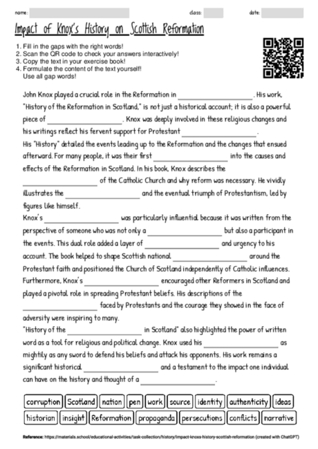 Worksheet with the topic "Impact of Knox's History on Scottish ...