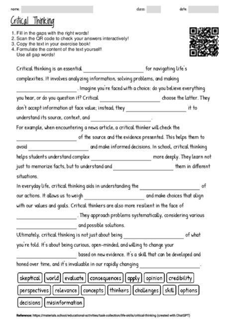 Worksheet with the topic "Critical Thinking" | MATERIALS.SCHOOL
