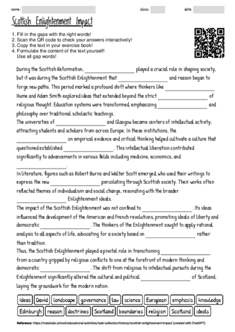 Worksheet with the topic "Scottish Enlightenment Impact" | MATERIALS.SCHOOL