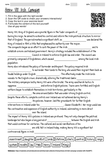 Worksheet with the topic "Henry VIII Irish Campaign" | MATERIALS.SCHOOL
