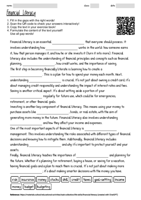 Worksheet with the topic "Financial Literacy" | MATERIALS.SCHOOL