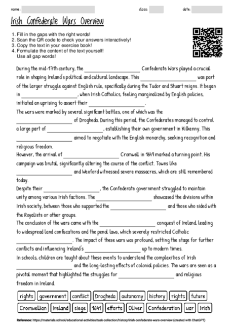 Worksheet with the topic "Irish Confederate Wars Overview" | MATERIALS ...