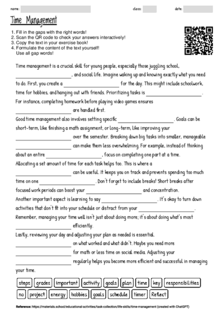 Worksheet with the topic "Time Management" | MATERIALS.SCHOOL