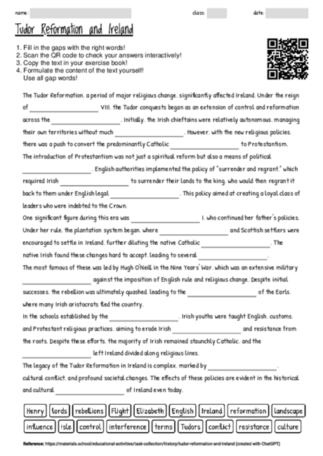 Worksheet with the topic "Tudor Reformation and Ireland" | MATERIALS.SCHOOL