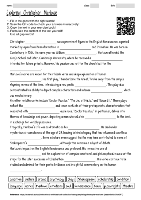 Worksheet with the topic "Exploring Christopher Marlowe" | MATERIALS.SCHOOL