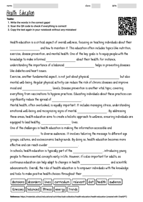 Worksheet with the topic "Health Education" | MATERIALS.SCHOOL
