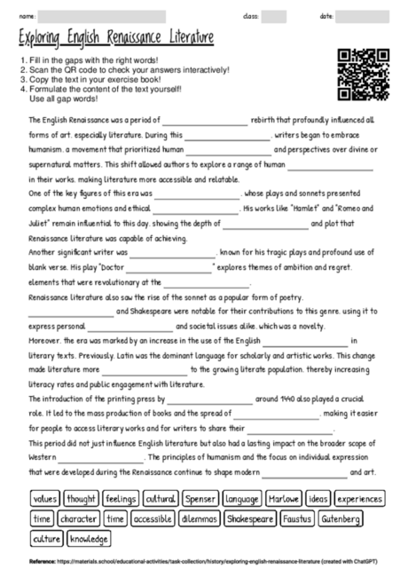 Worksheet with the topic "Exploring English Renaissance Literature ...