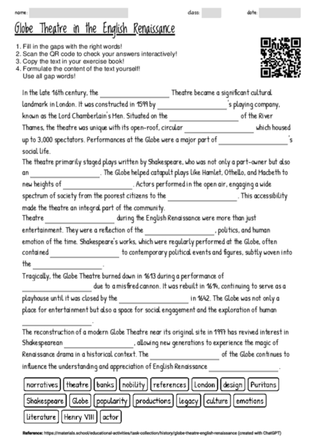 Worksheet with the topic "Globe Theatre in the English Renaissance ...