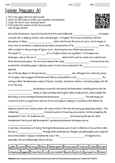 Worksheet with the topic "Exploring Renaissance Art" | MATERIALS.SCHOOL