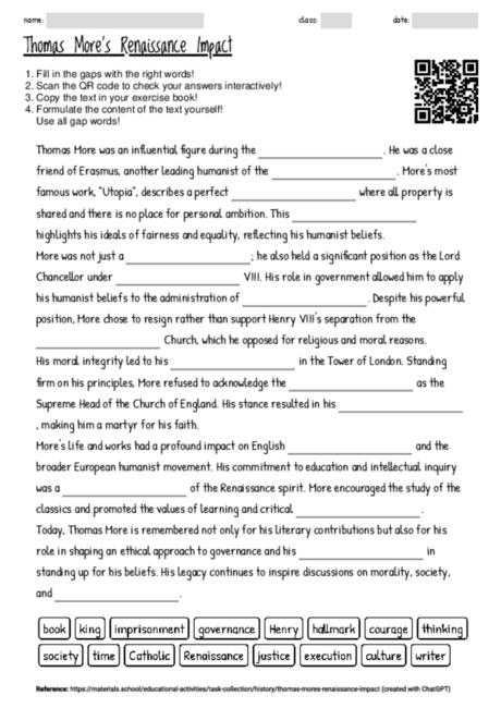 Worksheet with the topic "Thomas More's Renaissance Impact" | MATERIALS ...