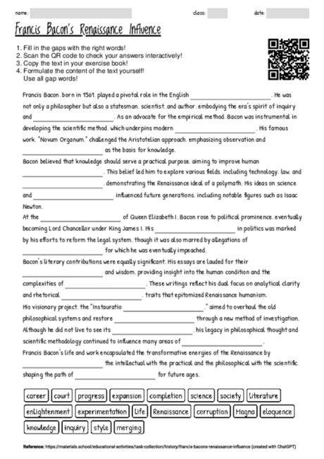 Worksheet with the topic "Francis Bacon's Renaissance Influence ...