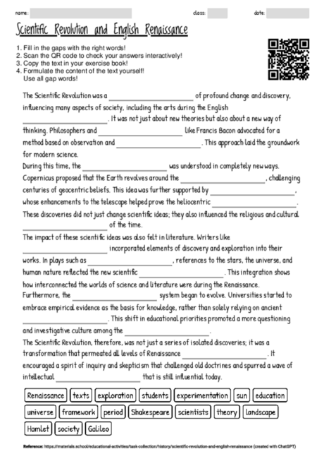 Worksheet with the topic "Scientific Revolution and English Renaissance ...