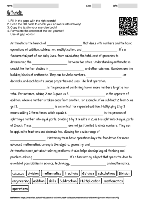 Worksheet with the topic "Arithmetic" | MATERIALS.SCHOOL