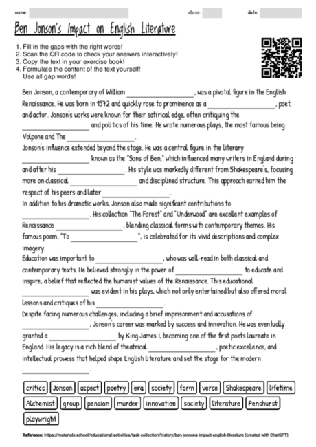 Worksheet with the topic "Ben Jonson's Impact on English Literature ...