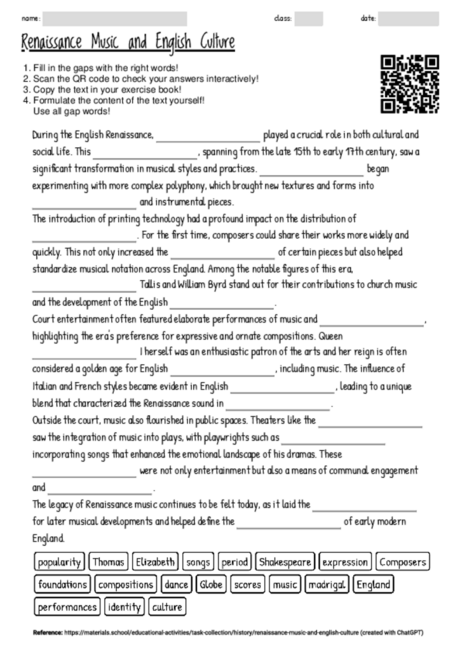 Worksheet with the topic "Renaissance Music and English Culture ...