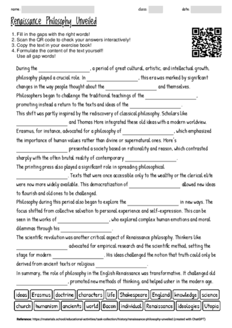 Worksheet with the topic "Renaissance Philosophy Unveiled" | MATERIALS ...