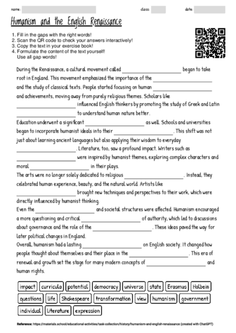 Worksheet with the topic "Humanism and the English Renaissance ...