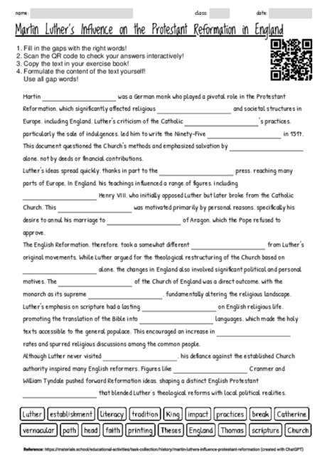 Worksheet with the topic "Martin Luther's Influence on the Protestant ...