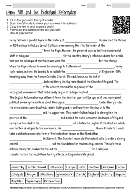 Worksheet with the topic "Henry VIII and the Protestant Reformation ...