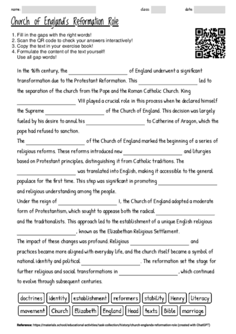 Worksheet with the topic "Church of England's Reformation Role ...