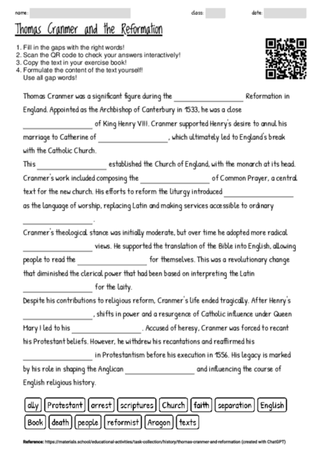 Worksheet with the topic "Thomas Cranmer and the Reformation ...