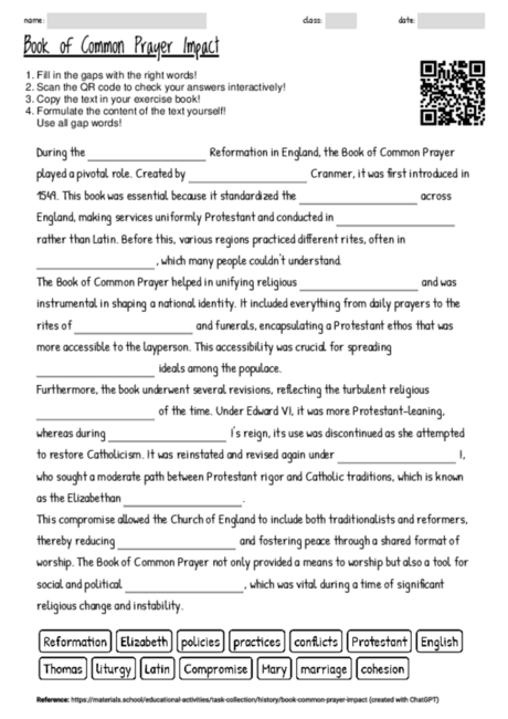 Worksheet with the topic "Book of Common Prayer Impact" | MATERIALS.SCHOOL