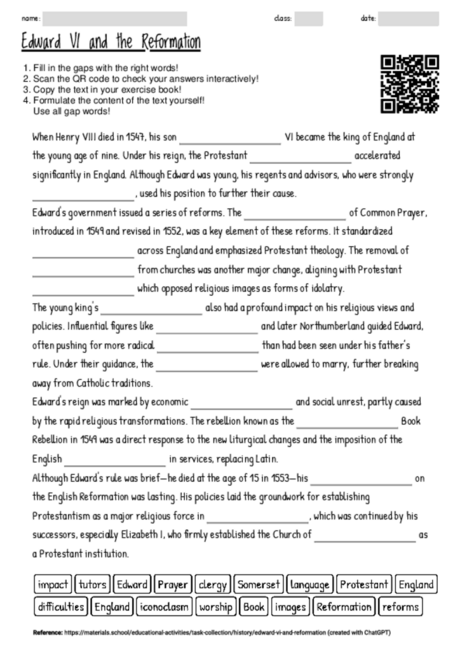 Worksheet with the topic "Edward VI and the Reformation" | MATERIALS.SCHOOL