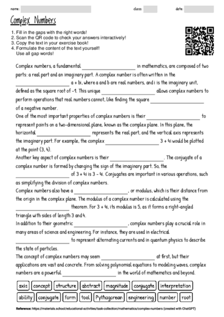 Worksheet with the topic "Complex Numbers" | MATERIALS.SCHOOL