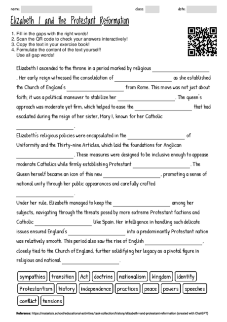 Worksheet with the topic "Elizabeth I and the Protestant Reformation ...