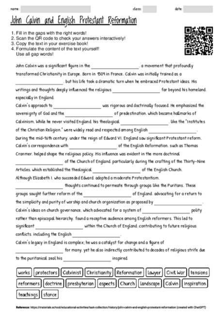 Worksheet with the topic "John Calvin and English Protestant ...