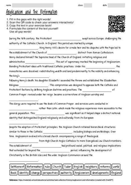 Worksheet with the topic "Anglicanism and the Reformation" | MATERIALS ...