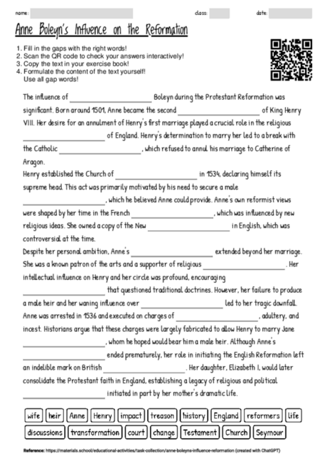 Worksheet with the topic "Anne Boleyn's Influence on the Reformation ...
