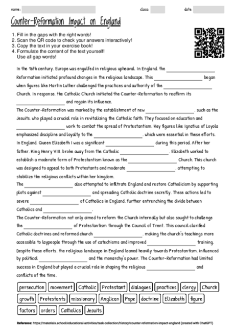 Worksheet with the topic "Counter-Reformation Impact on England ...