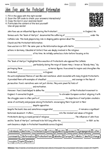 Worksheet with the topic "John Foxe and the Protestant Reformation ...