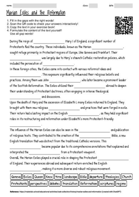 Worksheet with the topic "Marian Exiles and the Reformation ...