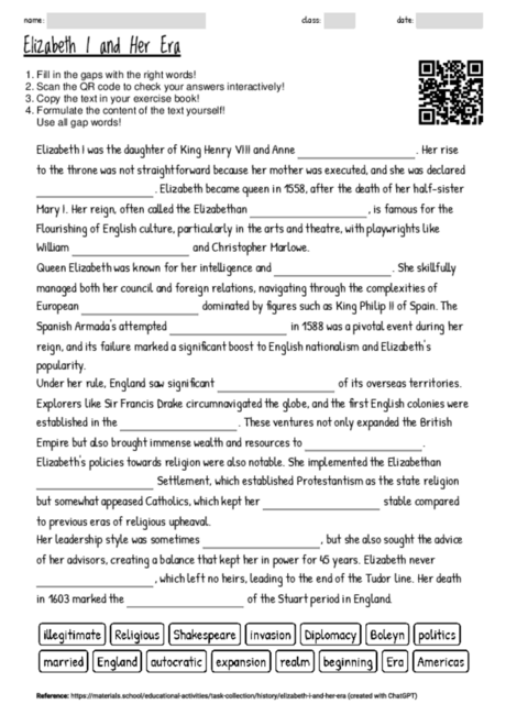 Worksheet with the topic "Elizabeth I and Her Era" | MATERIALS.SCHOOL