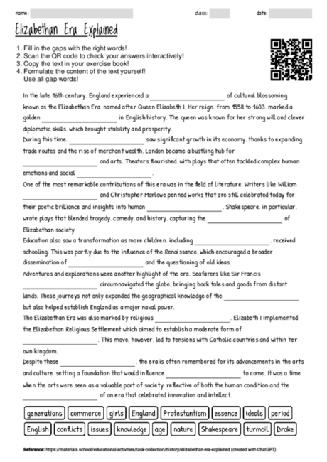Worksheet with the topic "Elizabethan Era Explained" | MATERIALS.SCHOOL