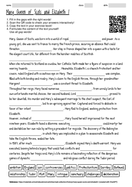 Worksheet with the topic "Mary Queen of Scots and Elizabeth I ...