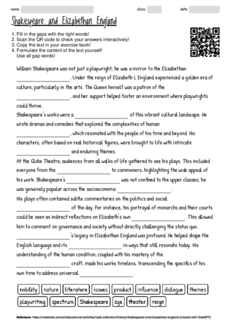 Worksheet with the topic "Shakespeare and Elizabethan England ...