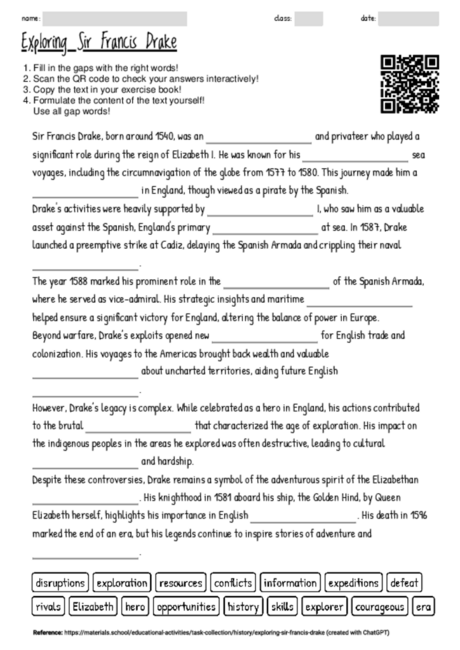 Worksheet with the topic "Exploring Sir Francis Drake" | MATERIALS.SCHOOL