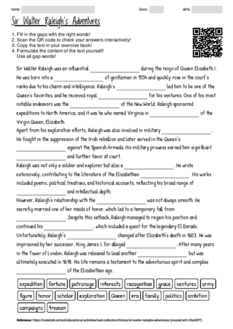 Worksheet with the topic "Sir Walter Raleigh's Adventures" | MATERIALS ...