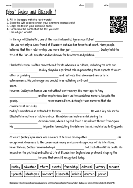 Worksheet with the topic "Robert Dudley and Elizabeth I" | MATERIALS.SCHOOL