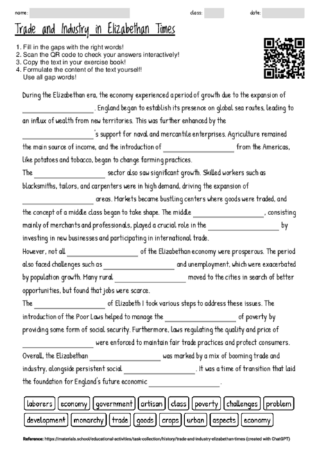Worksheet with the topic "Trade and Industry in Elizabethan Times ...