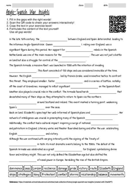 Worksheet with the topic "Anglo-Spanish War Insights" | MATERIALS.SCHOOL