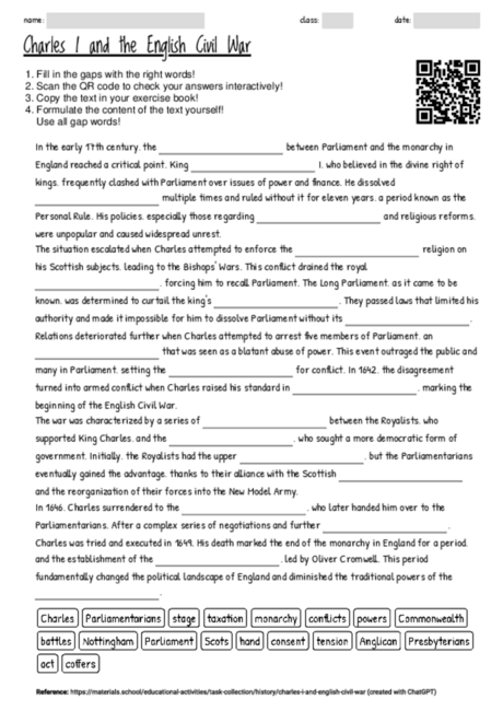 Worksheet with the topic "Charles I and the English Civil War ...