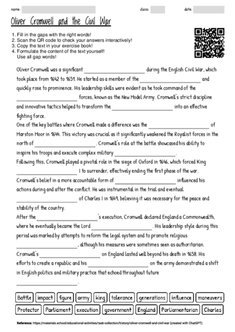 Worksheet with the topic "Oliver Cromwell and the Civil War ...