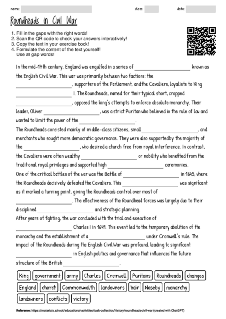 Worksheet with the topic "Roundheads in Civil War" | MATERIALS.SCHOOL