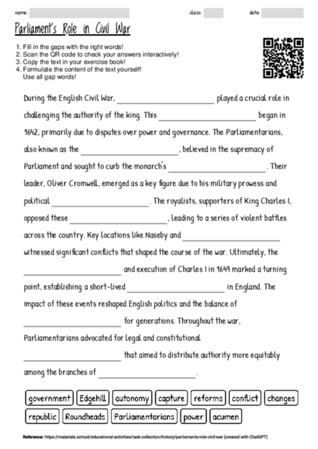 Worksheet with the topic "Parliament's Role in Civil War" | MATERIALS ...