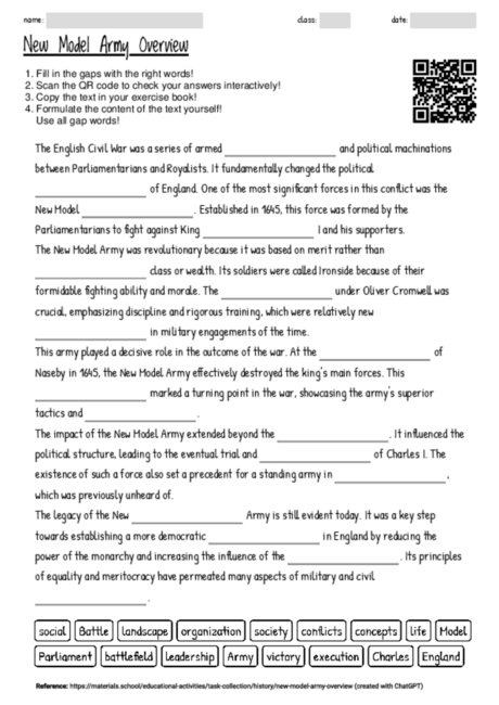 Worksheet with the topic "New Model Army Overview" | MATERIALS.SCHOOL